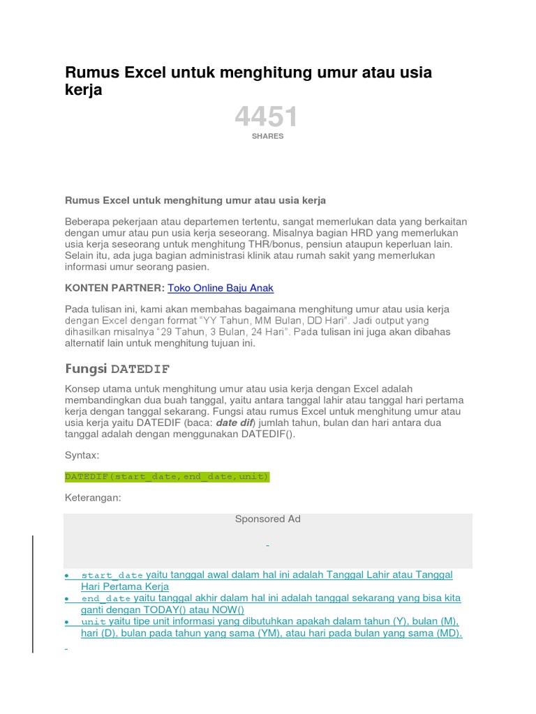 Rumus Excel Hitung Umur/Usia Kerja | PDF