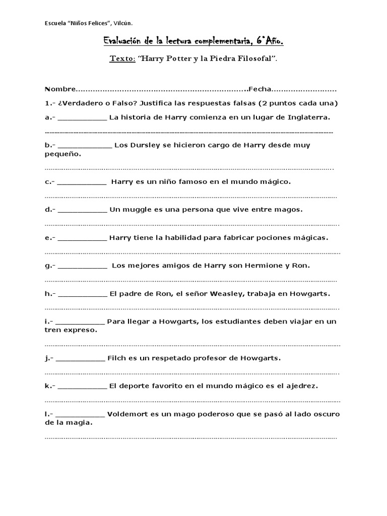 Prueba de Harry Potter: Piedra Filosofal | PDF | Franquicias Warner ...