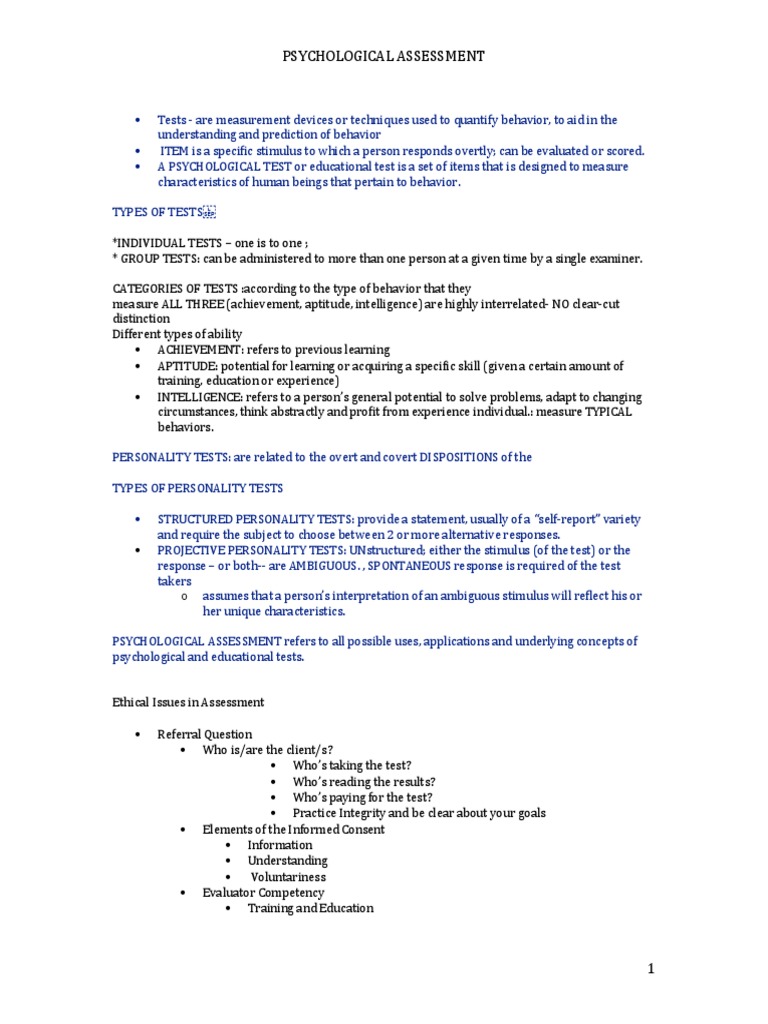 Assessment Handout 1 | PDF | Psychological Evaluation | Test (Assessment)