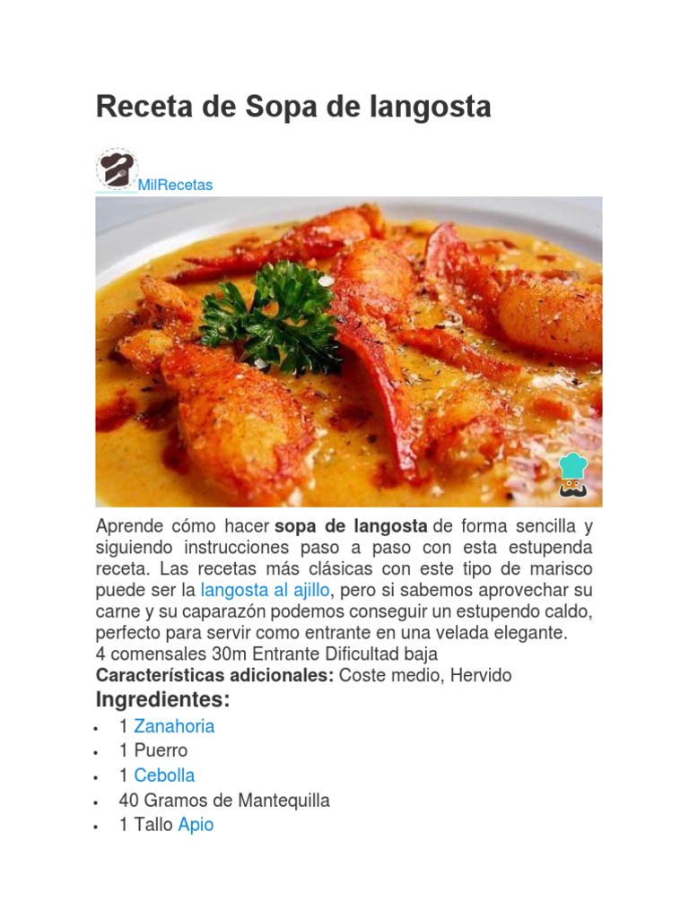 Receta de Sopa de Langosta | PDF | Caldo | Sopa