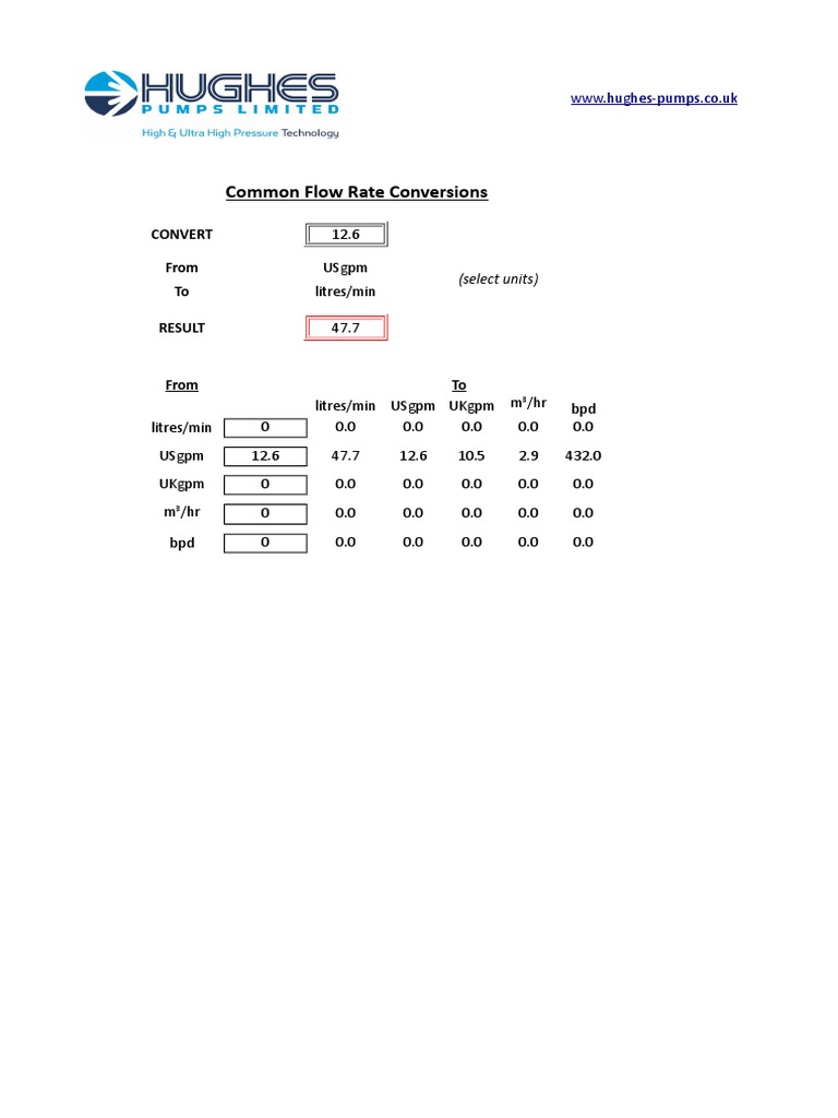 Common Flow Rate Conversions: Convert From To Result | PDF