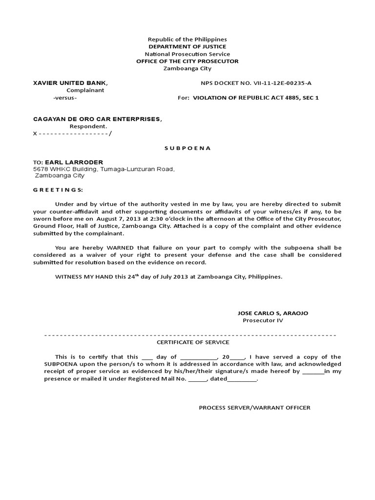 Subpoena Sample for Criminal Case | PDF