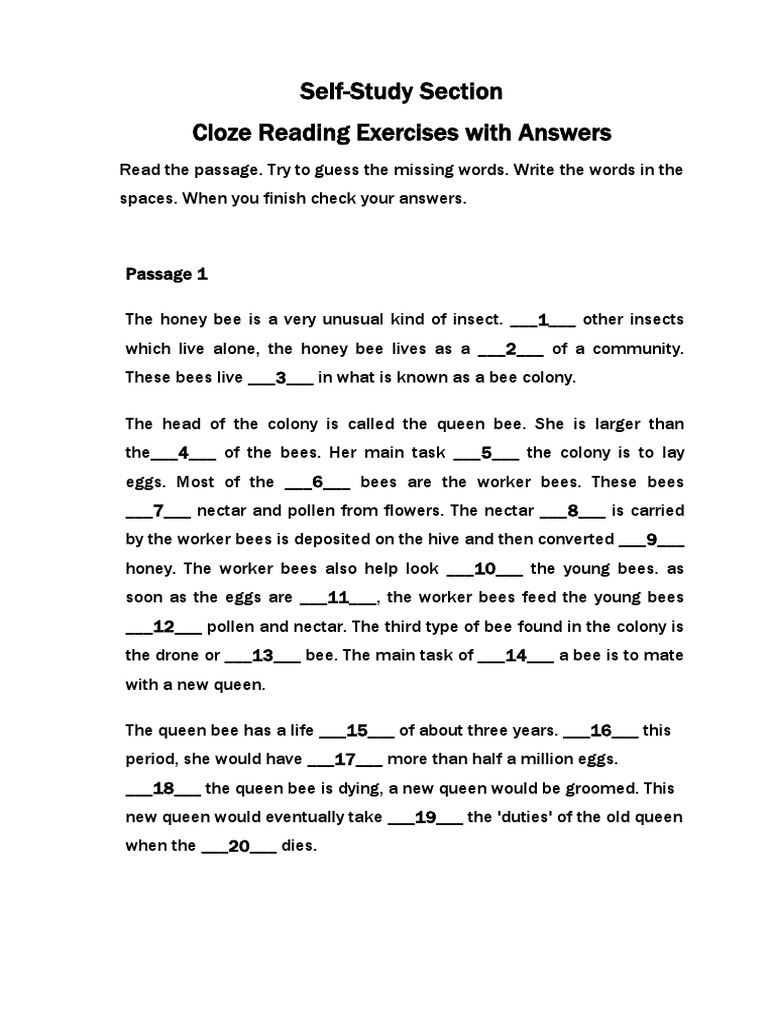Honey Bee Cloze Reading Exercises | PDF | Honey Bee | Bees