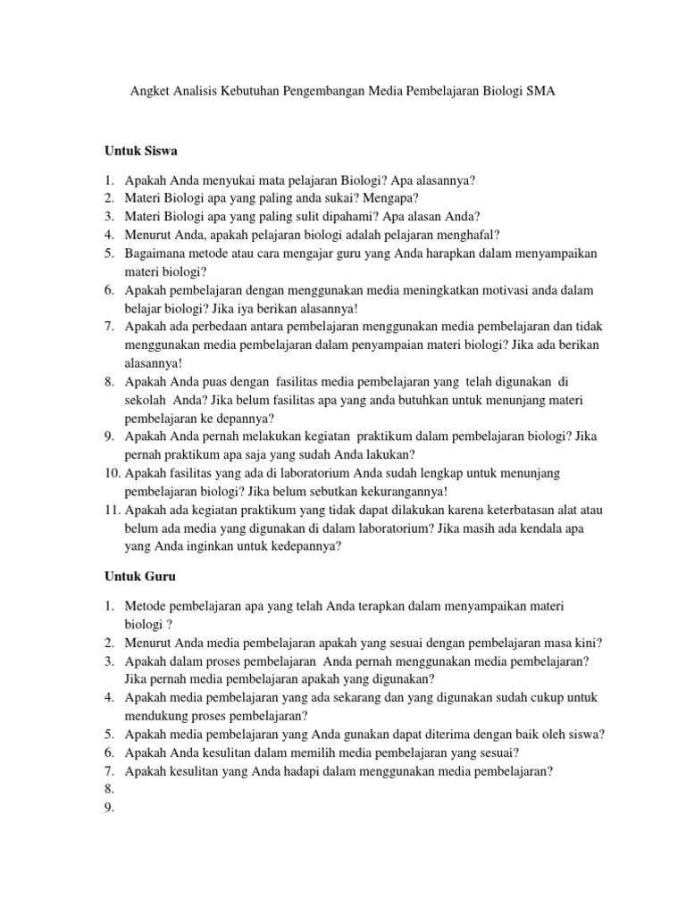 Angket Analisis Kebutuhan Pengembangan Media Pembelajaran Biologi SMA | PDF