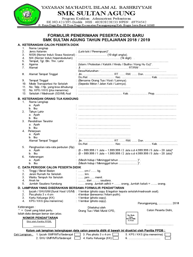 Formulir Pendaftaran SMK PDF | PDF