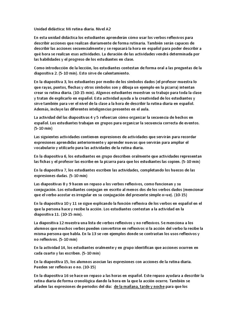 Unidad Didáctica Comentada - Mi Rutina Diaria | PDF | Verbo | Cognición