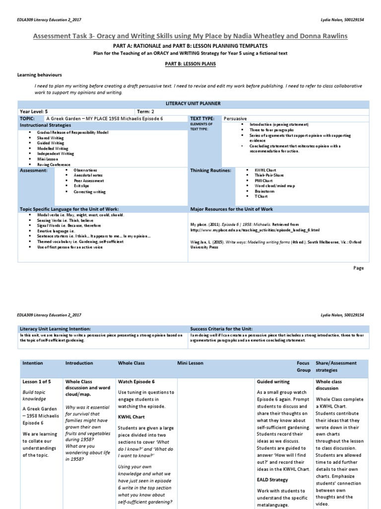Assessment Task 3-Oracy and Writing Skills Using My Place by Nadia ...