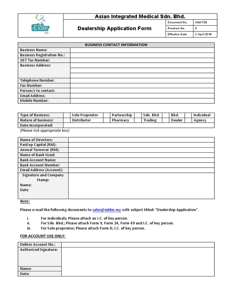 AIM-F28 Dealership Application Form | PDF | Government Finances | Economies