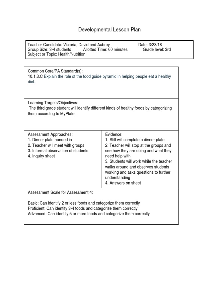 Developmental Lesson Plan: Explain The Role of The Food Guide Pyramid ...