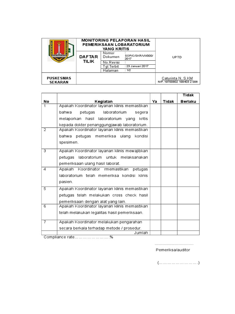 Checklist Monitoring Laboratorium | PDF