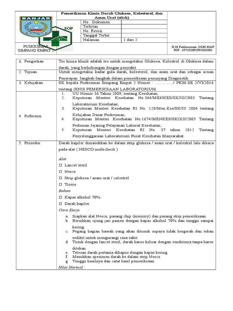 SOP Pemeriksaan Kimia Darah AU COL GDS Stick | PDF