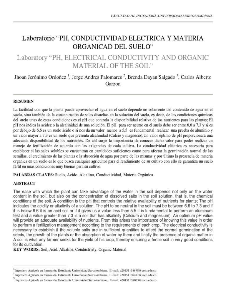 Informe PH, Conductividad y M.O | PDF | Suelo | Ph