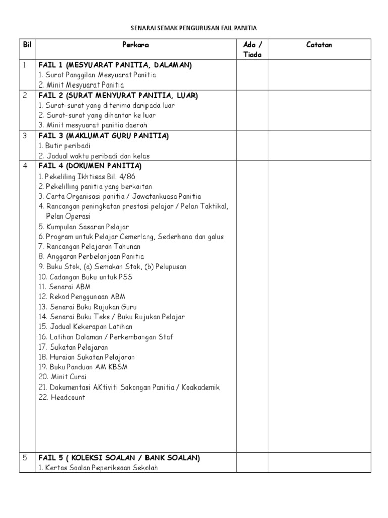 Senarai Semak Pengurusan Fail Panitia Mata Pelajaran Jabatan Bahasa ...