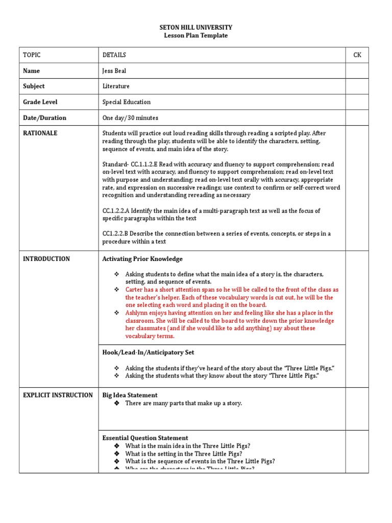 Seton Hill University Lesson Plan Template | PDF | Teachers | Psychology