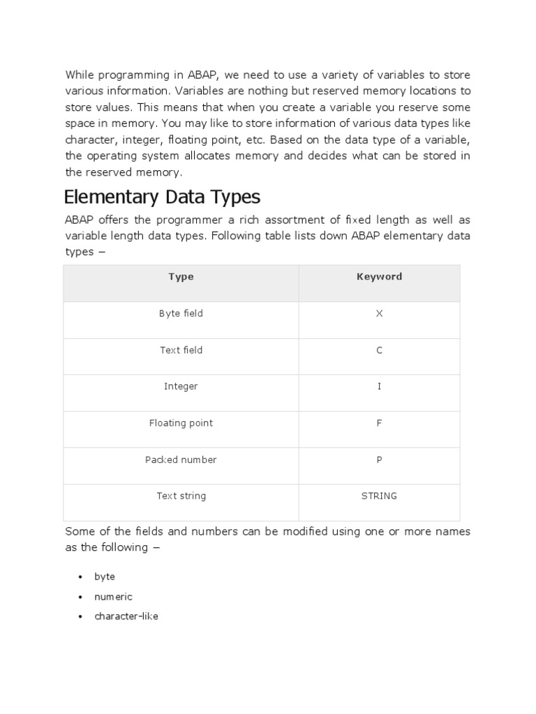 Elementary Data Types Type Keyword Pdf Data Type String Computer Science