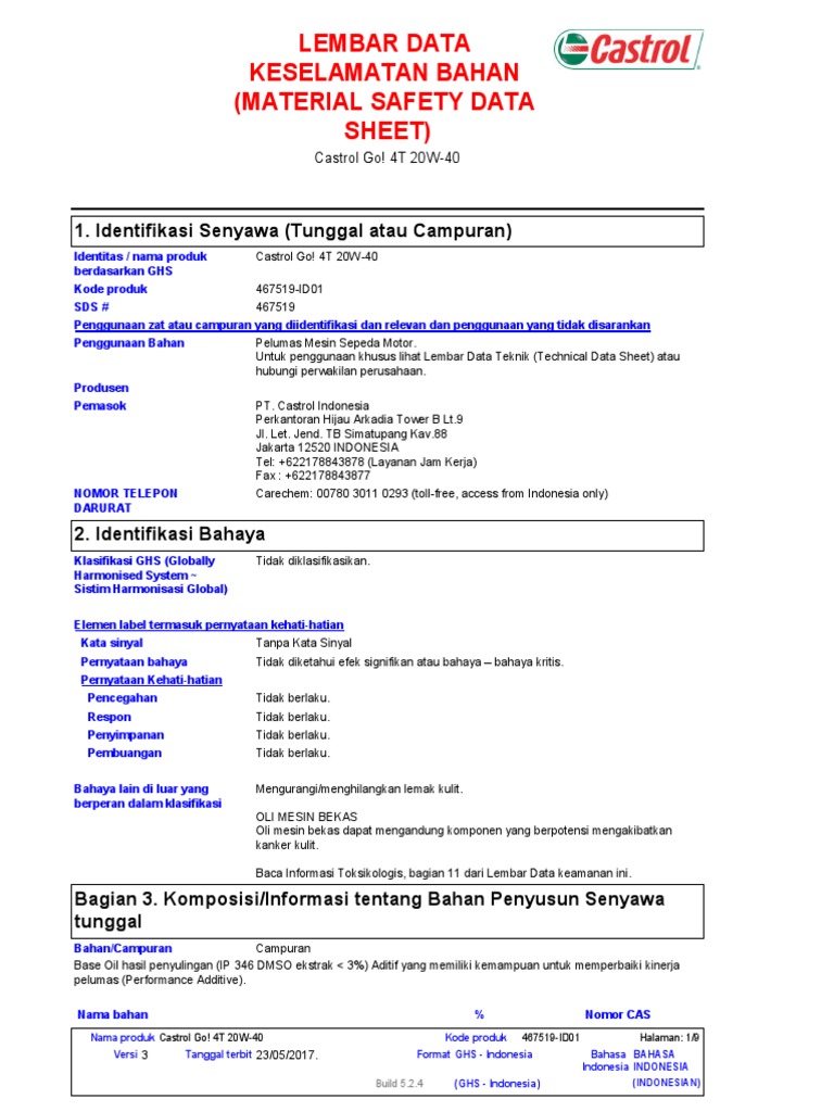 Msds Castrol Go 20w-40 4t | PDF