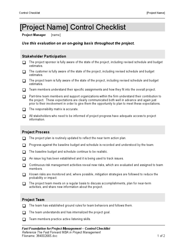 (Project Name) Control Checklist: Use This Evaluation On An On-Going ...