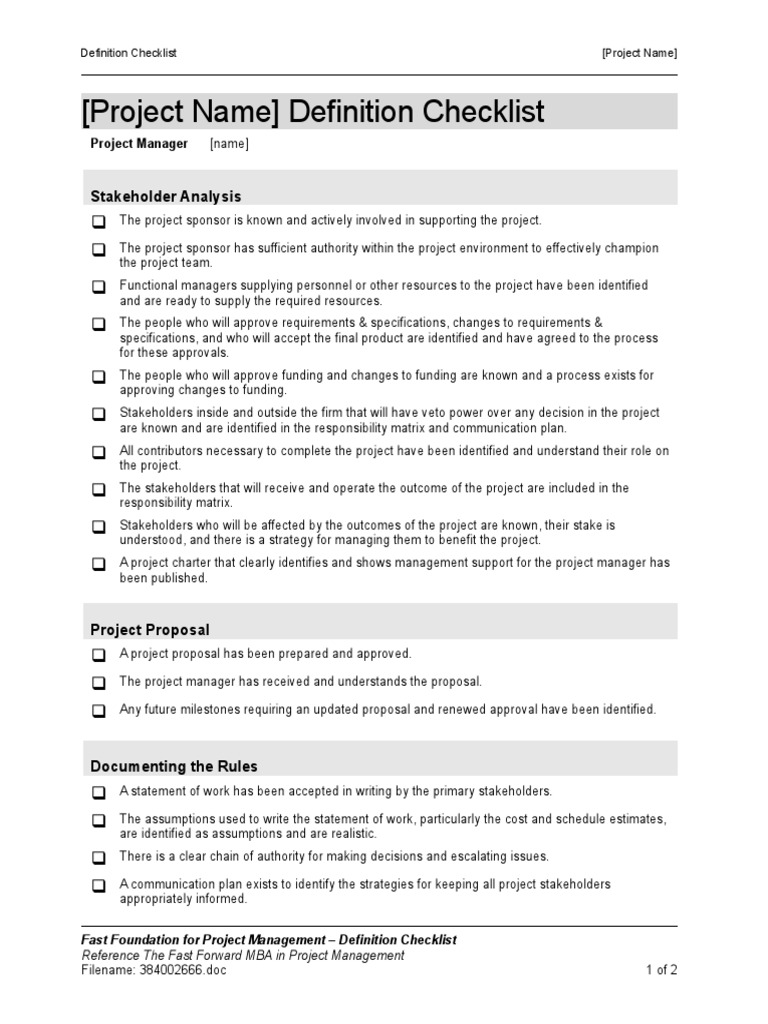 Project Definition Checklist | PDF | Project Management | Stakeholder ...