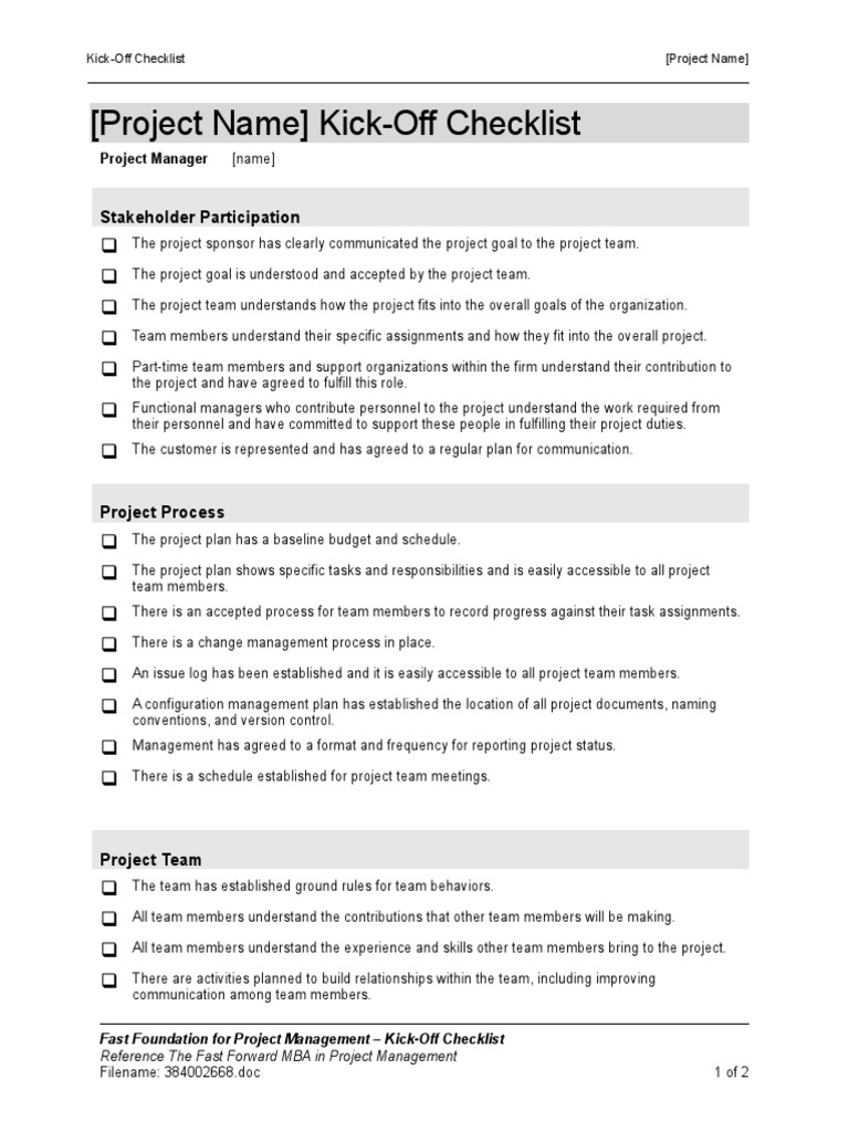 (Project Name) Kick-Off Checklist: Stakeholder Participation | PDF | Project Management | Goal