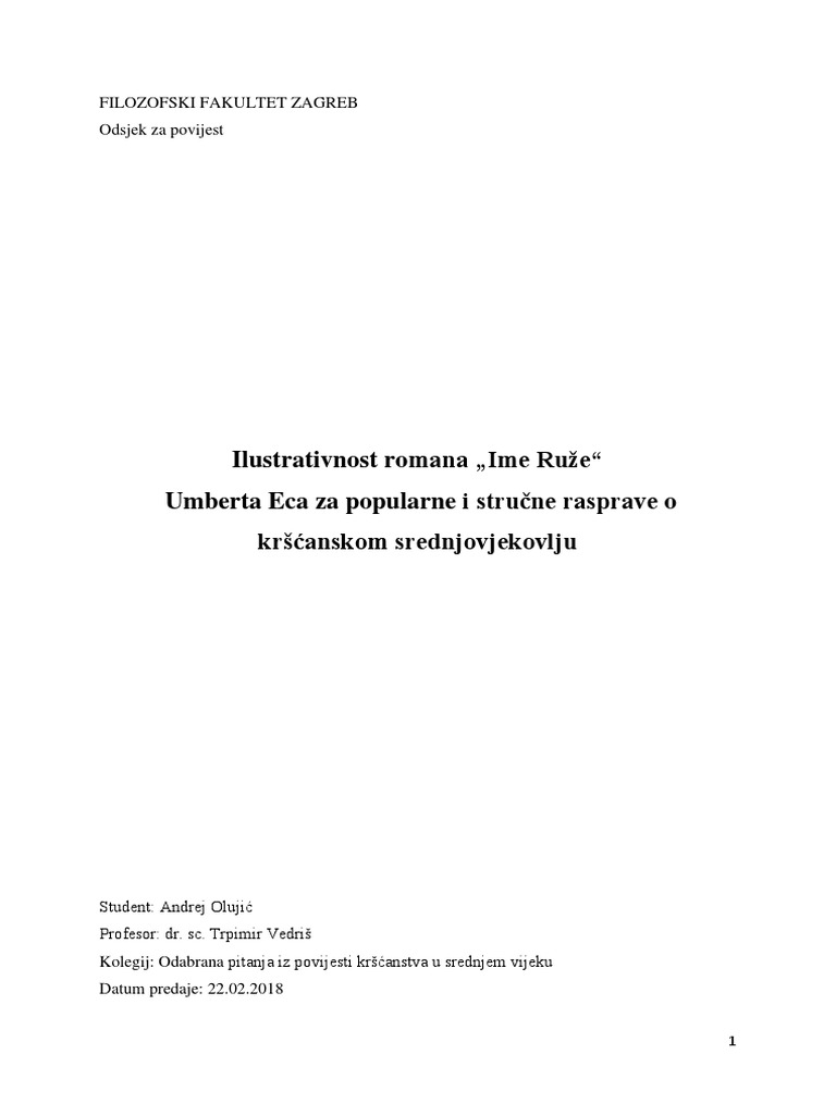 Ilustrativnost Romana Ime Ruže, Andrej Olujić | PDF
