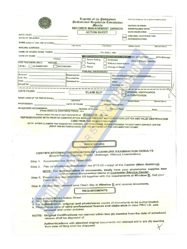 PRC Action Sheet Form (Request of Certificates) | PDF | Legal ...