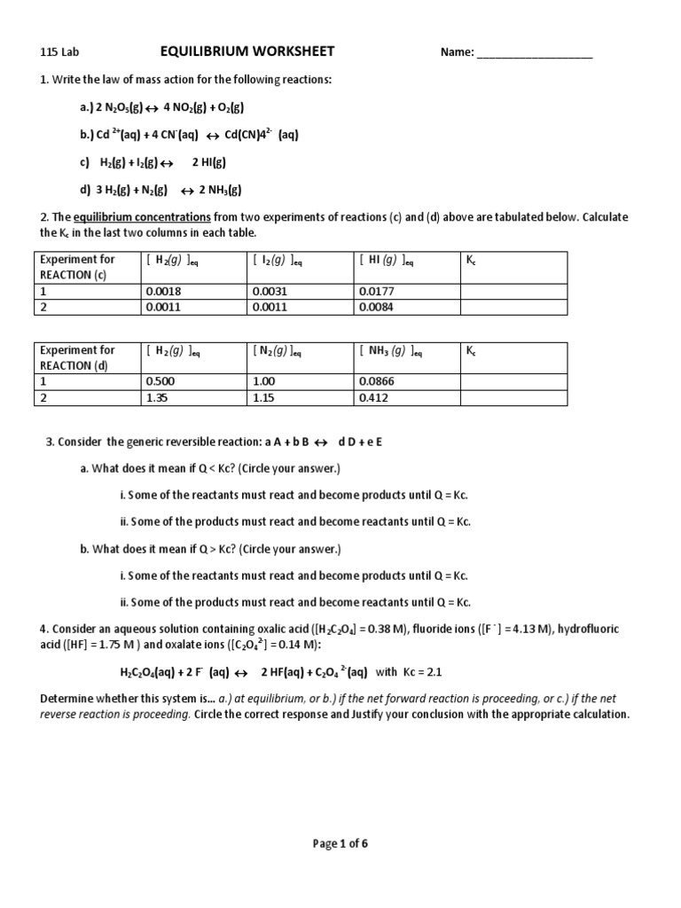 Equilibrium Worksheet | PDF | Chemical Equilibrium | Stoichiometry