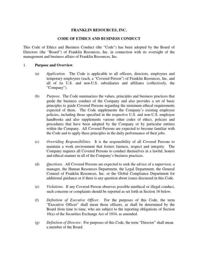 Franklin Resources, Inc. Code of Ethics and Business Conduct | PDF ...