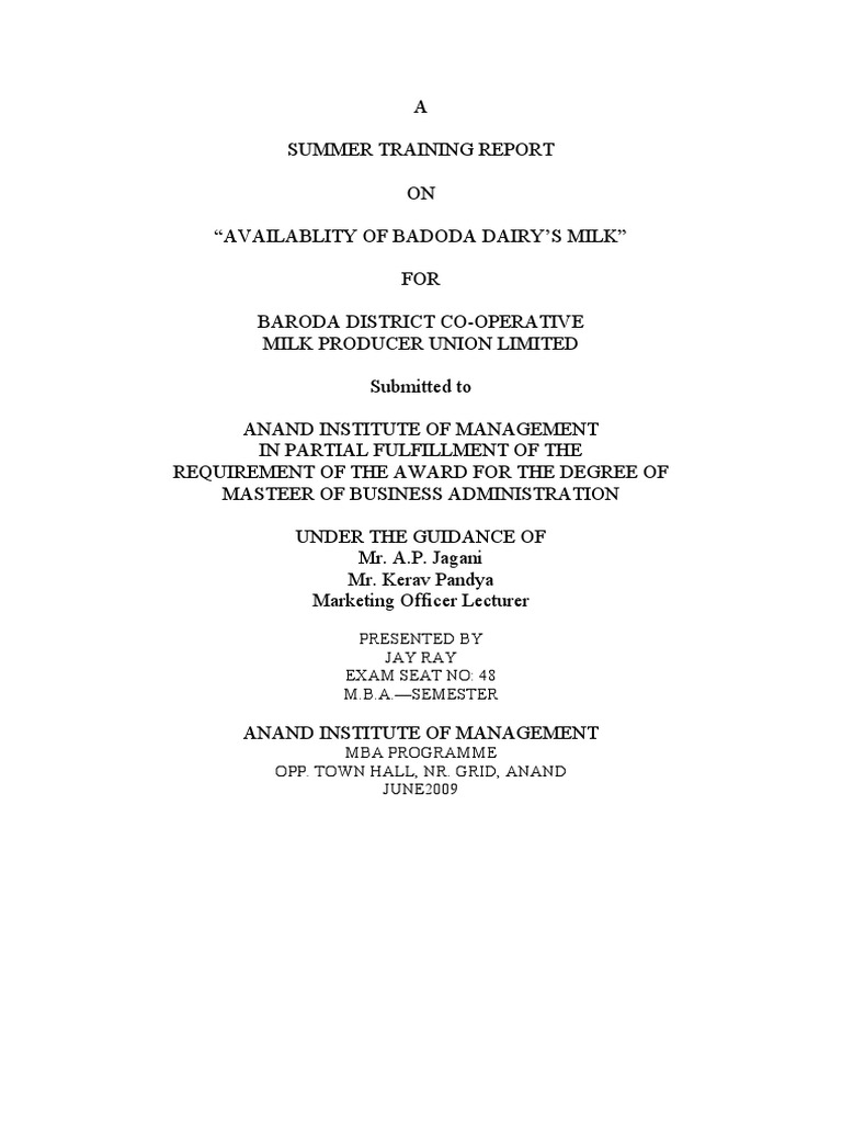 Baroda Dairy Project | PDF | Metrology | Food Safety