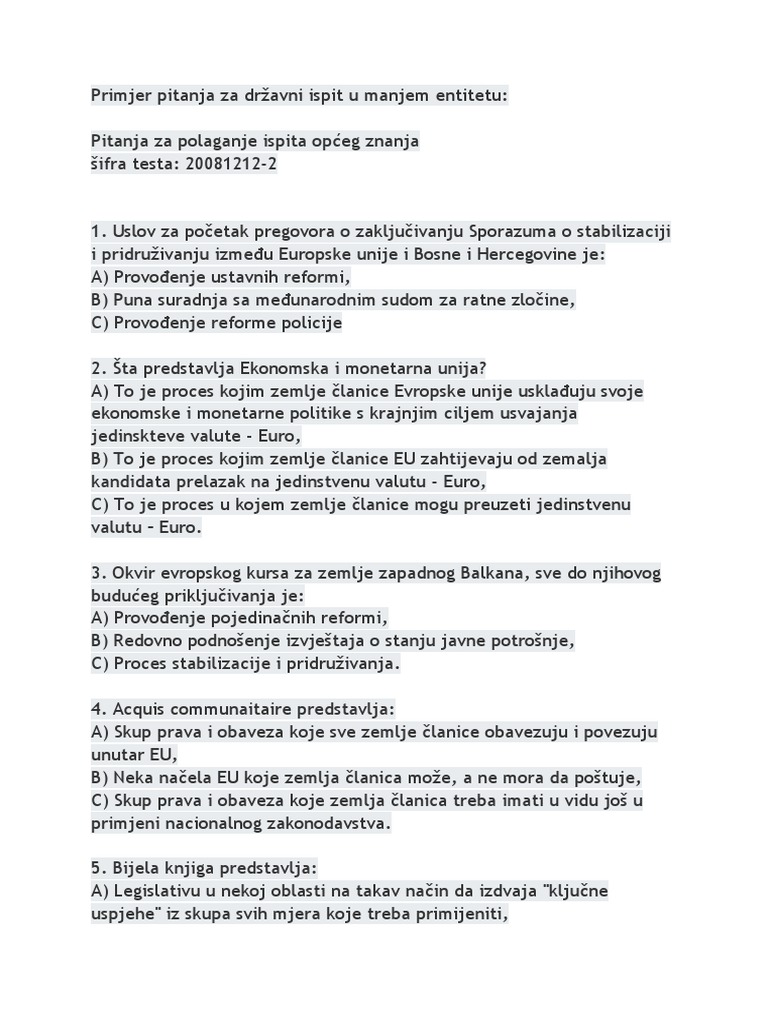 Primjer Pitanja Za Državni Ispit U Manjem Entitetu | PDF