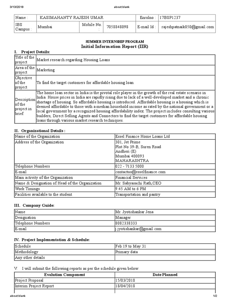 Initial Information Report (IIR) : Summer Internship Program | PDF ...