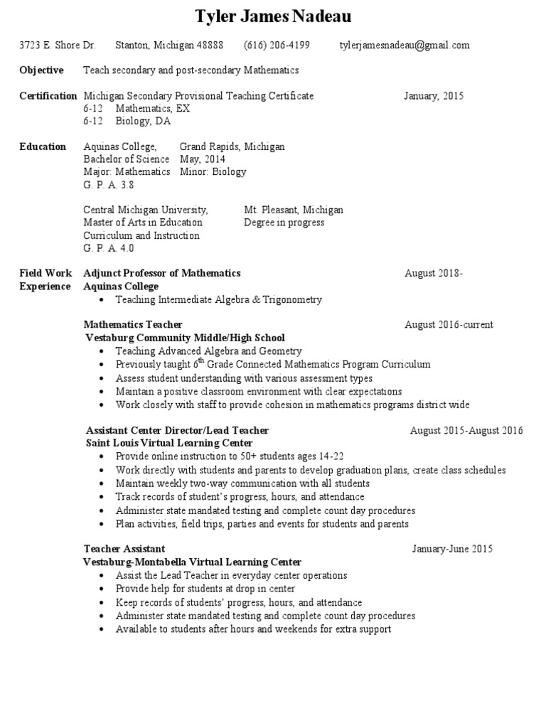 Tyler Nadeau Resume 2018 | PDF | Tutor | Students
