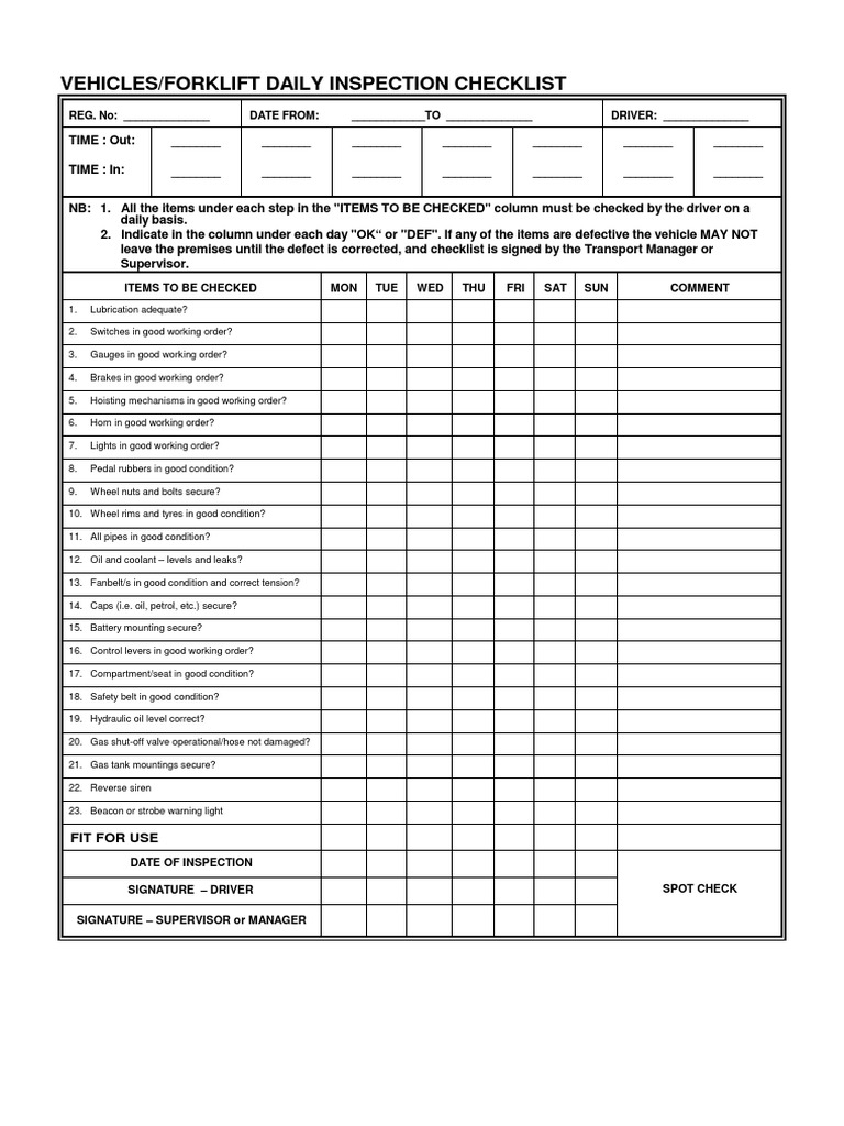 Daily Forklift Inspection Checklist | PDF