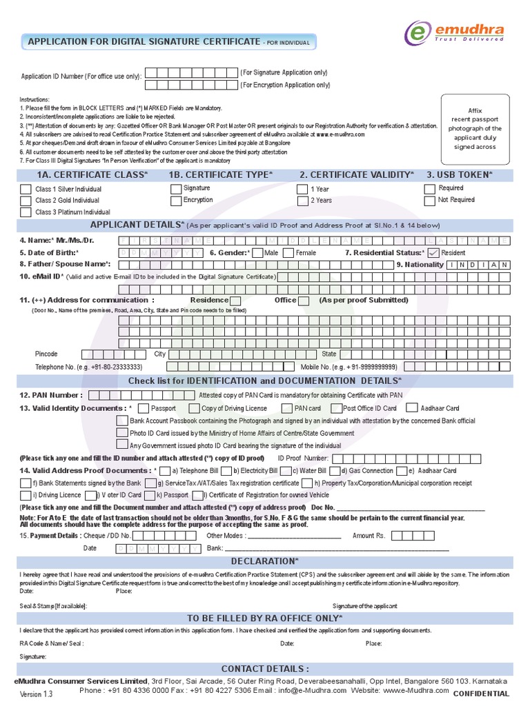 E-Mudhra AppForm Individual 070213 PDF | PDF | Identity Document | Applications Of Cryptography