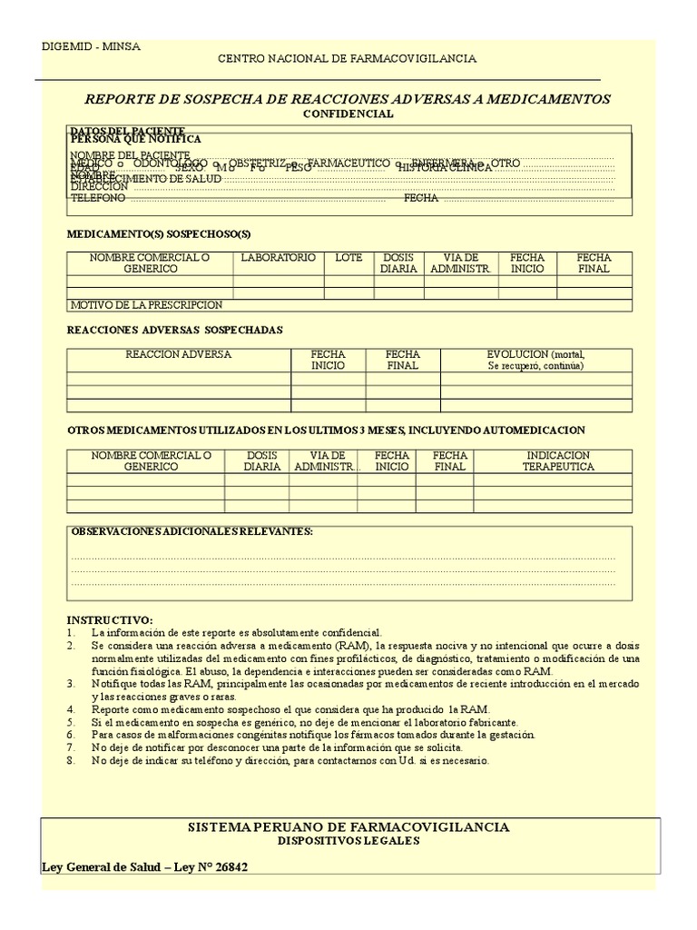 Formato Reporte Ram (Hoja Amarilla) | Medicamentos con receta | Farmacéutico