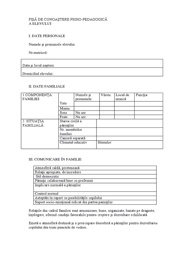 Fisa de Cunoastere Psiho Pedagogica a Elevului