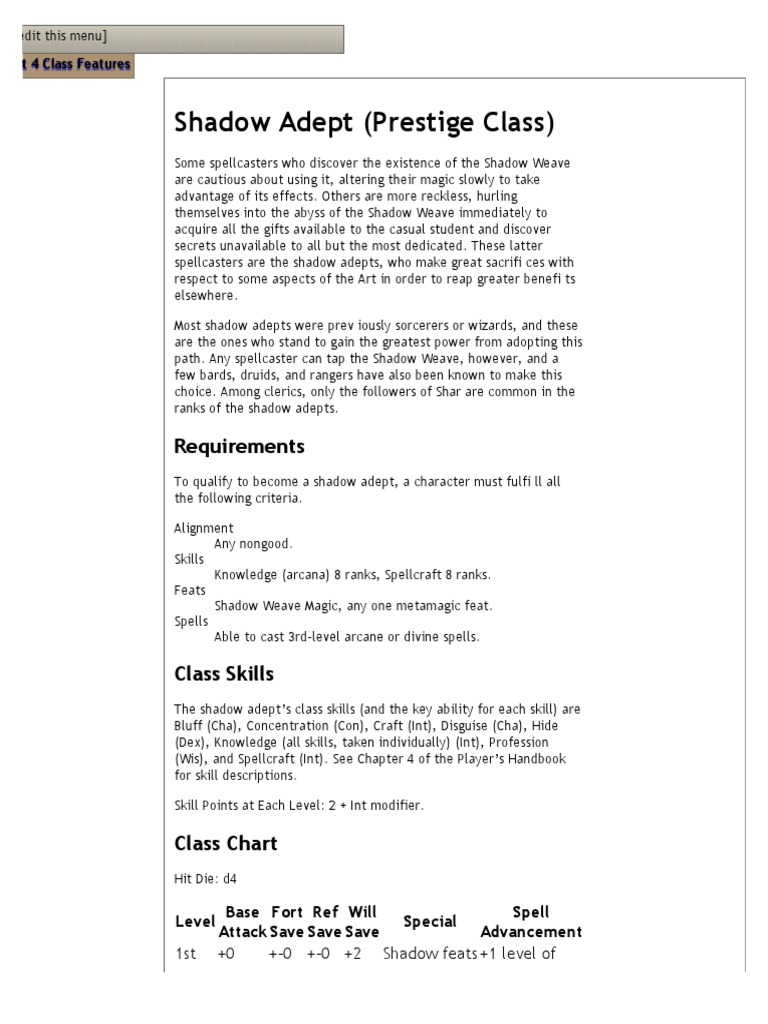 Shadow Adept (Prestige Class) : Requirements | PDF | Fantasy Games ...