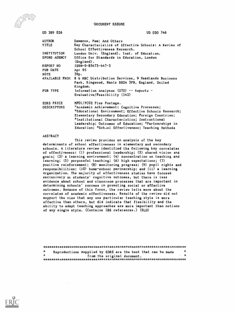Sammons P, Hillman J & Mortimore P (1995) - Key Characteristics of ...