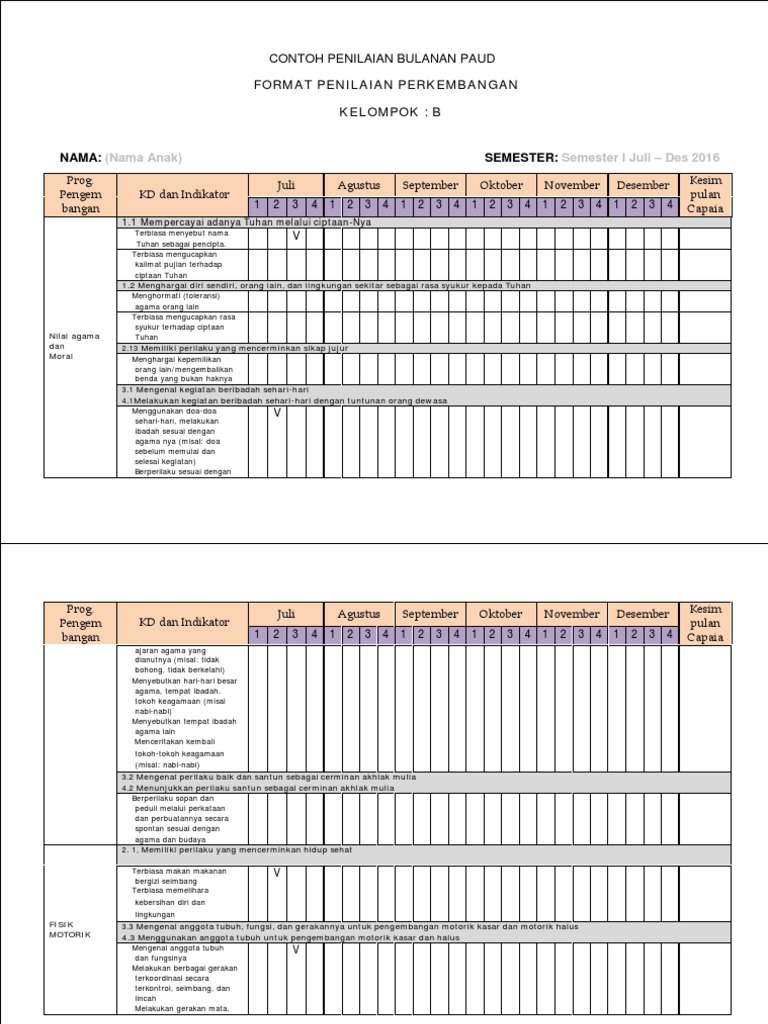 Contoh Format Penilaian Bulanan Anak Kurikulum 2013 PAUD | PDF