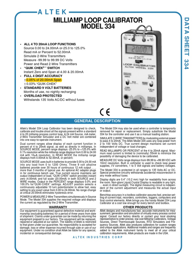 Milliamp Loop Calibrator MODEL 334: Altek | PDF | Power Supply | Direct ...
