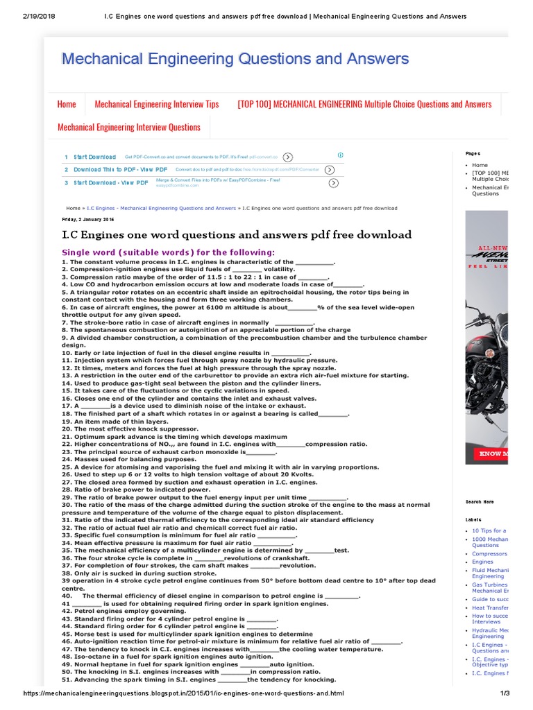 Mechanical Engineering Questions and Answers | PDF | Internal ...