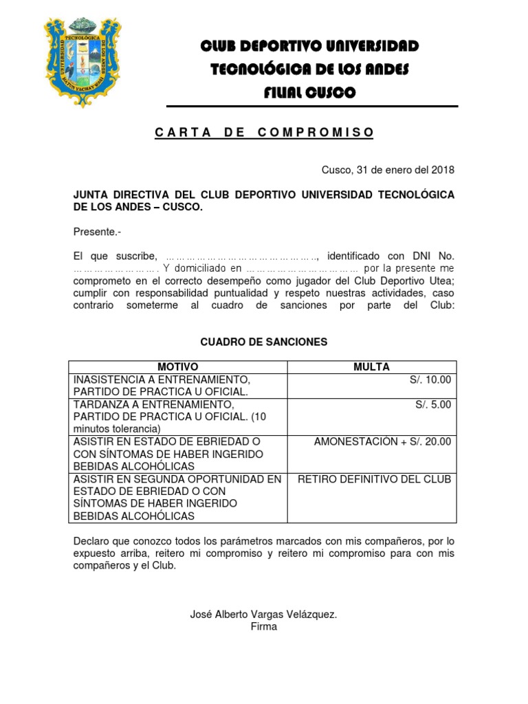 Carta de compromiso club deportivo UTEA Cusco | PDF