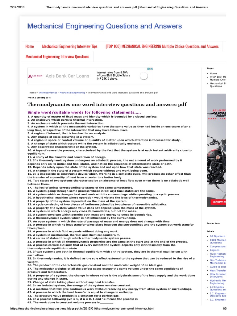 Thermodynamics One Word Interview Questions and Answers PDF ...