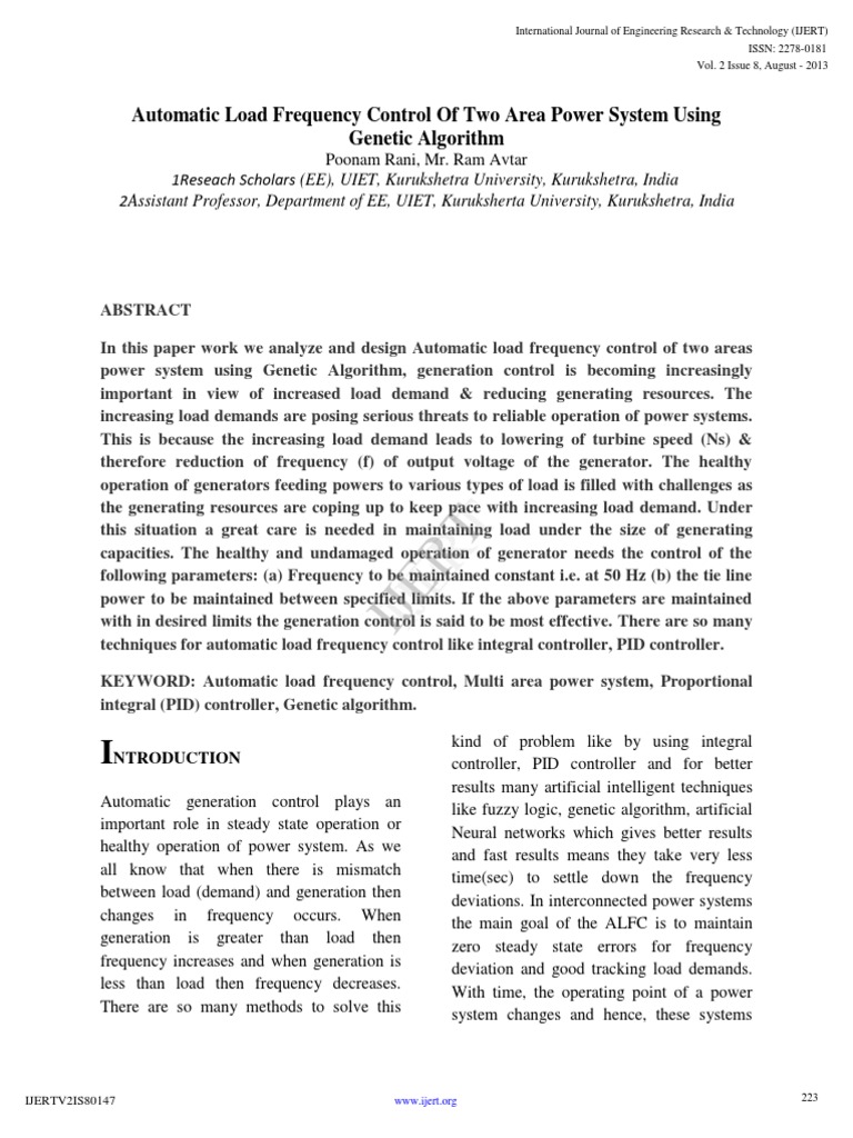 Ijert Ijert: Automatic Load Frequency Control of Two Area Power System Using Genetic Algorithm ...
