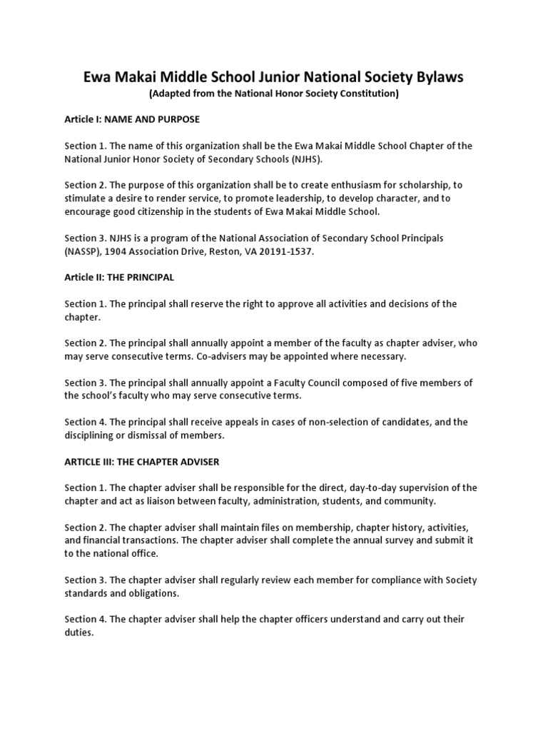 Ewa Makai NJHS Bylaws | PDF | Committee | Secretary