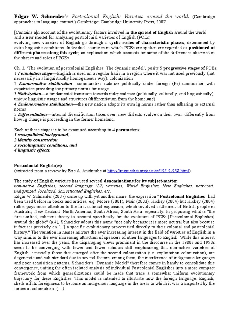 Five Steps of Evolution of Postcolonial Englishes | PDF ...