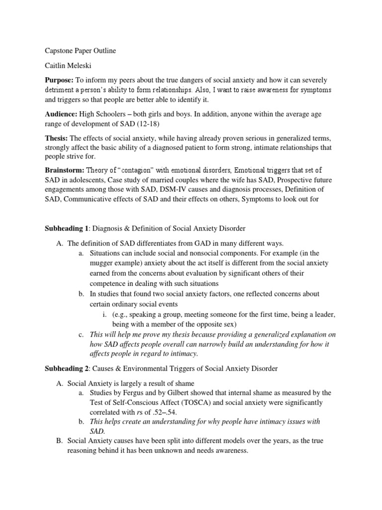 Capstone Paper Outline | PDF | Social Anxiety | Anxiety Disorder