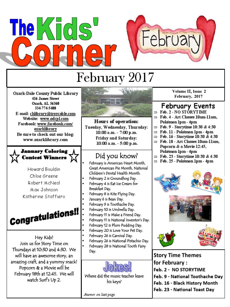 Febraury 2017 Kids' Corner Newsletter | PDF