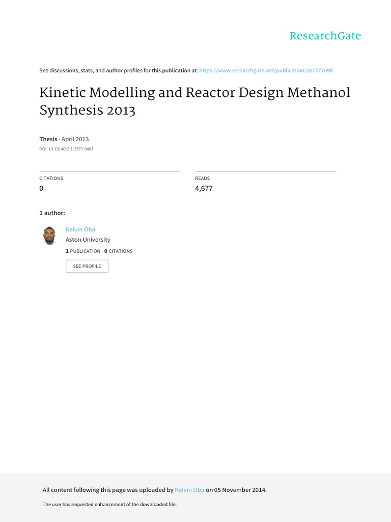 Kinetic Modelling of Lurgi Reactor PDF | PDF | Chemical Kinetics | Methanol