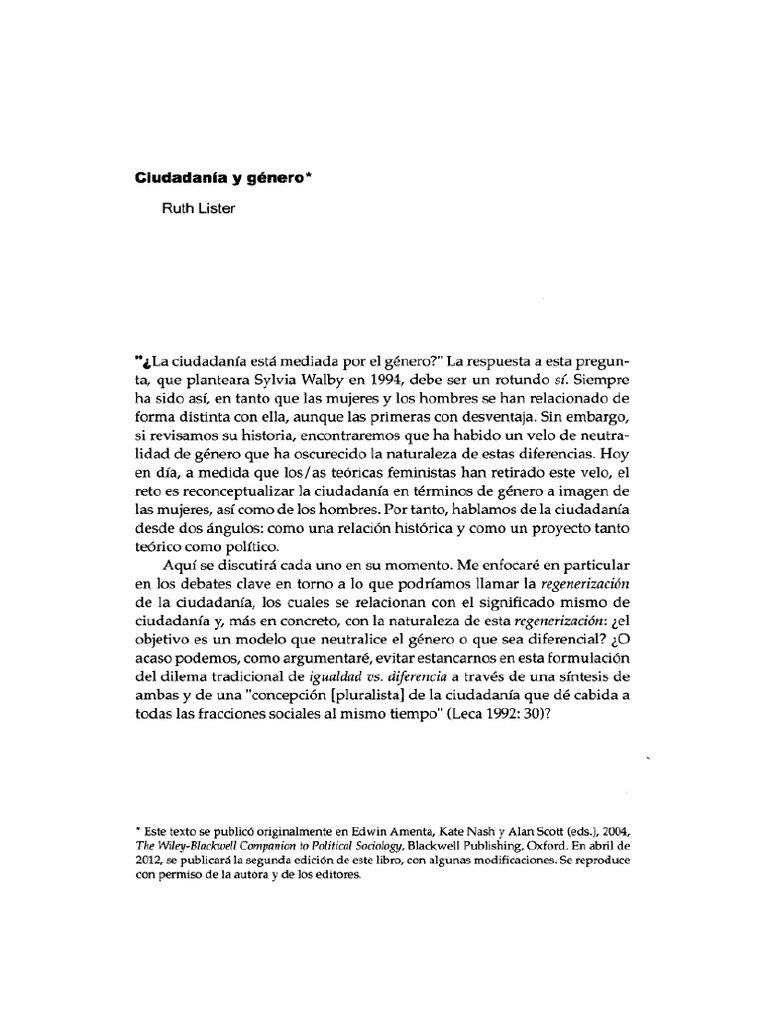 Ciudadanía y Género - Ruth Lister | PDF
