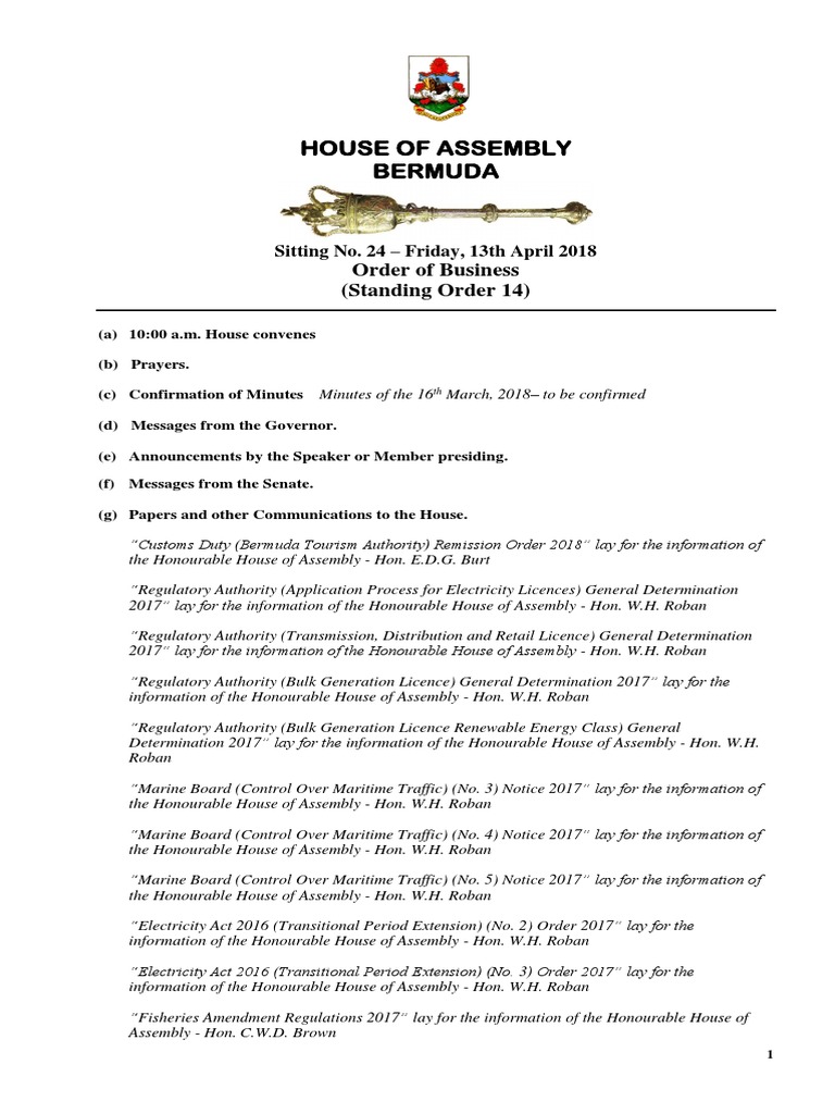 Order of Business Friday April 13, 2018 | PDF | The Honourable | Parliament